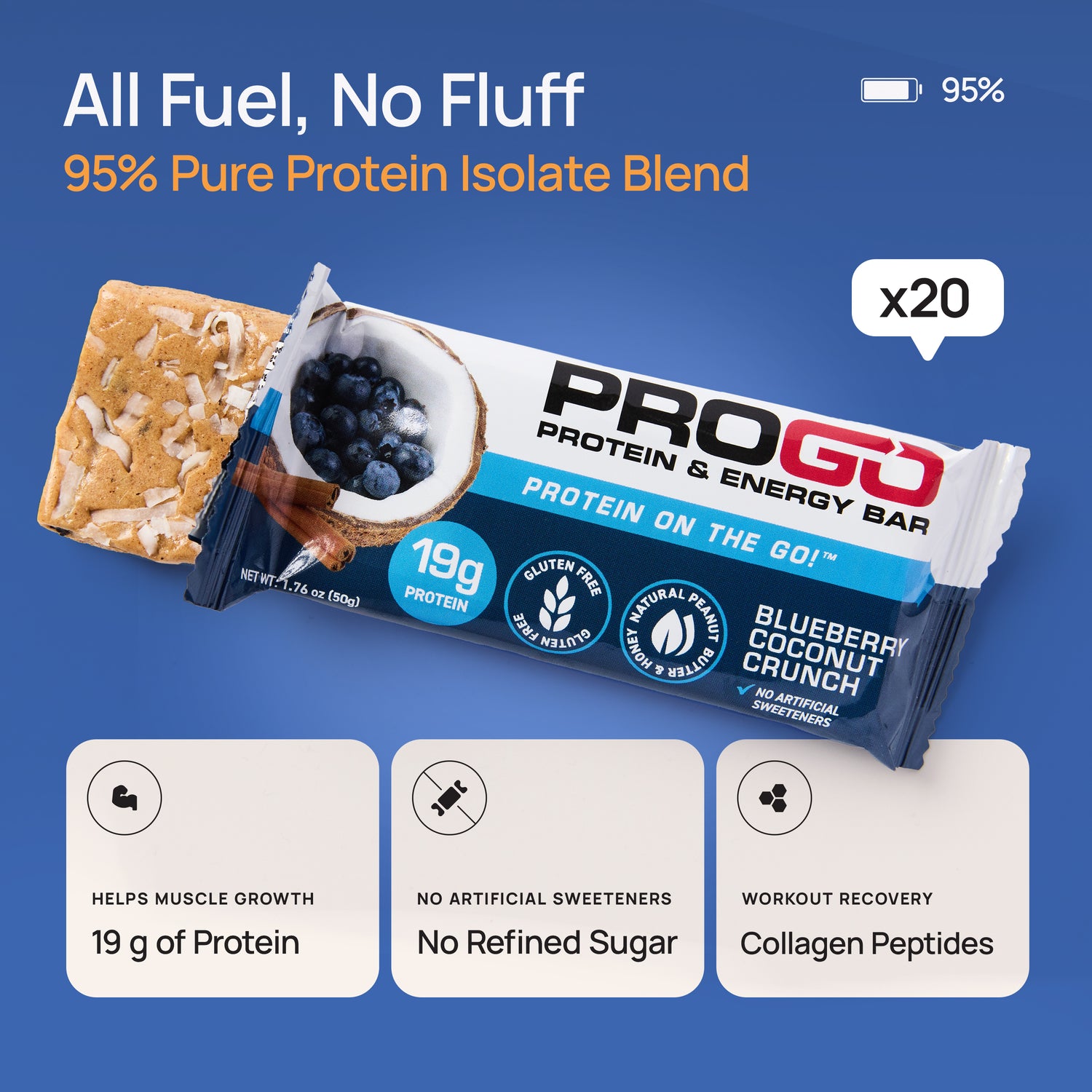 ProGo Protein Bars (Blueberry Coconut Crunch) | 19g of 95% Pure Protein ...